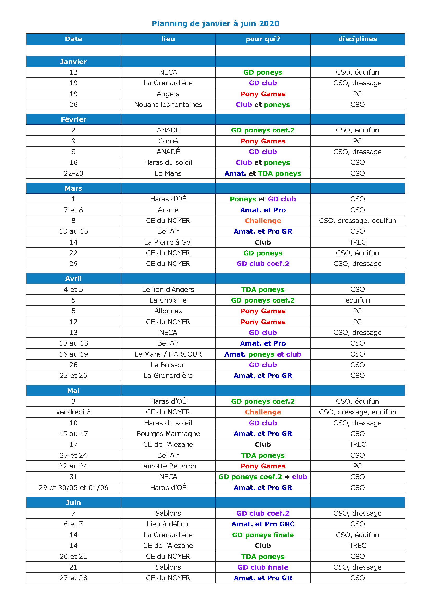Planning des concours